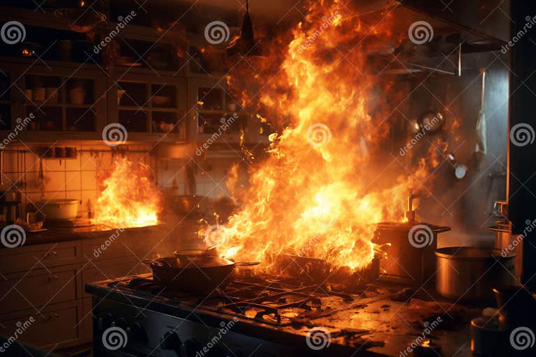 Interior Scene of a Burning Kitchen, AI-generated. Stock Illustration ...