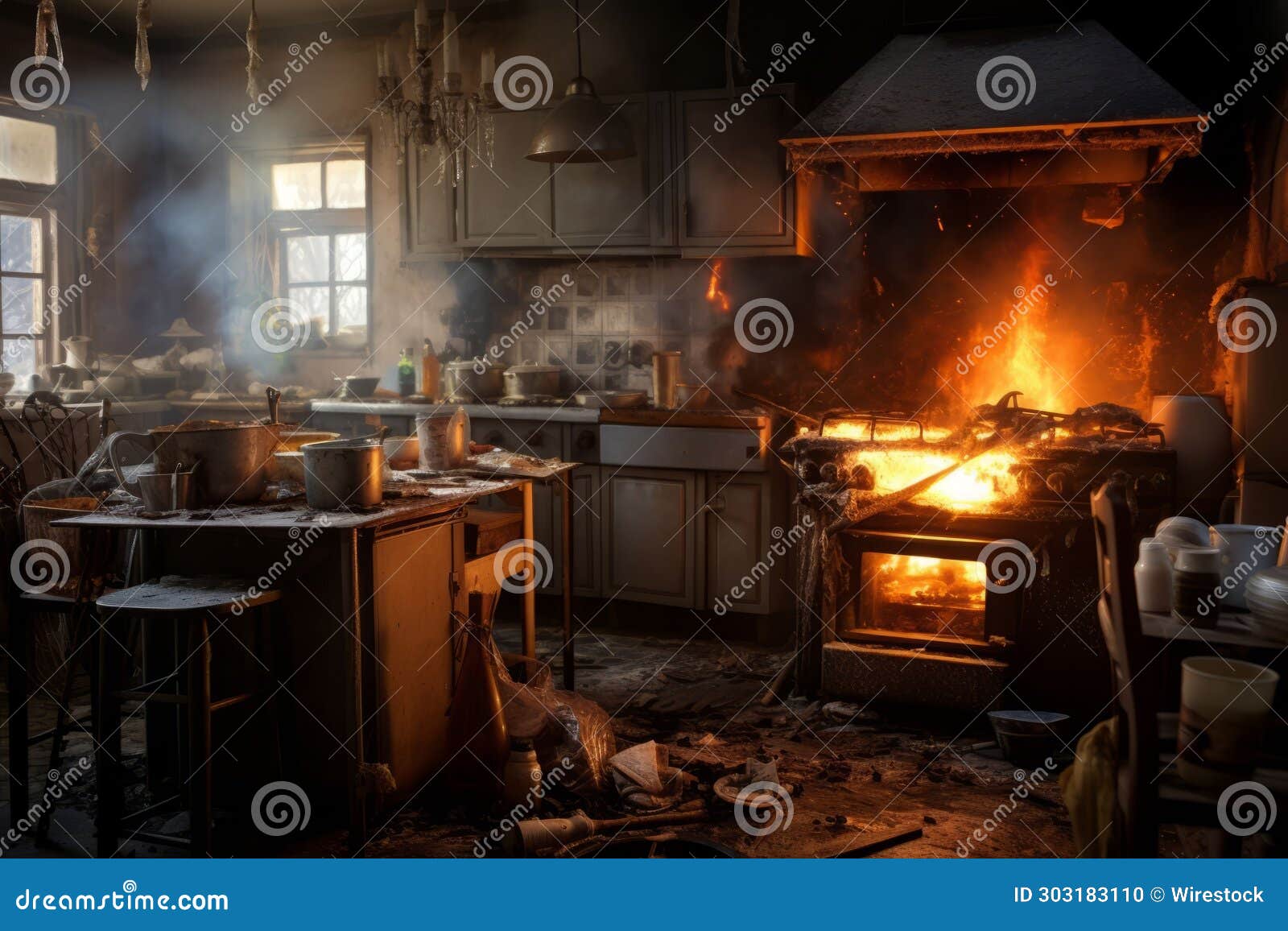Interior Scene of a Burning Kitchen, AI-generated. Stock Illustration ...