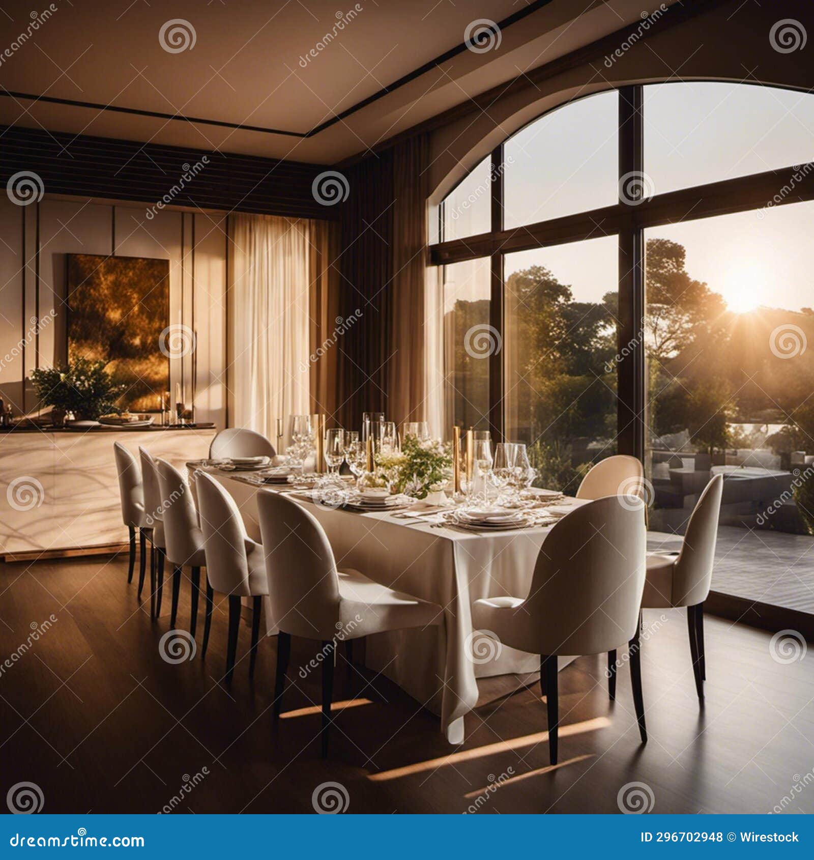 An Interior Scene, a Large Table with White Clothed Seats, and Many ...