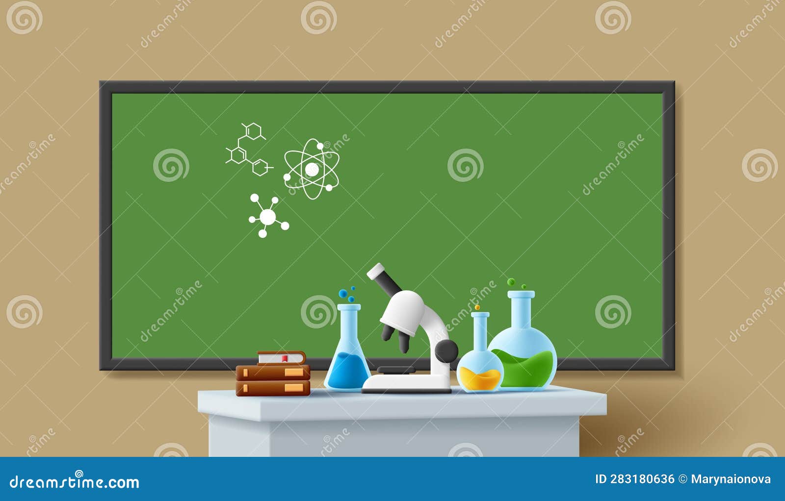 Interior of School Chemical Laboratory with Table and Board, Microscope ...