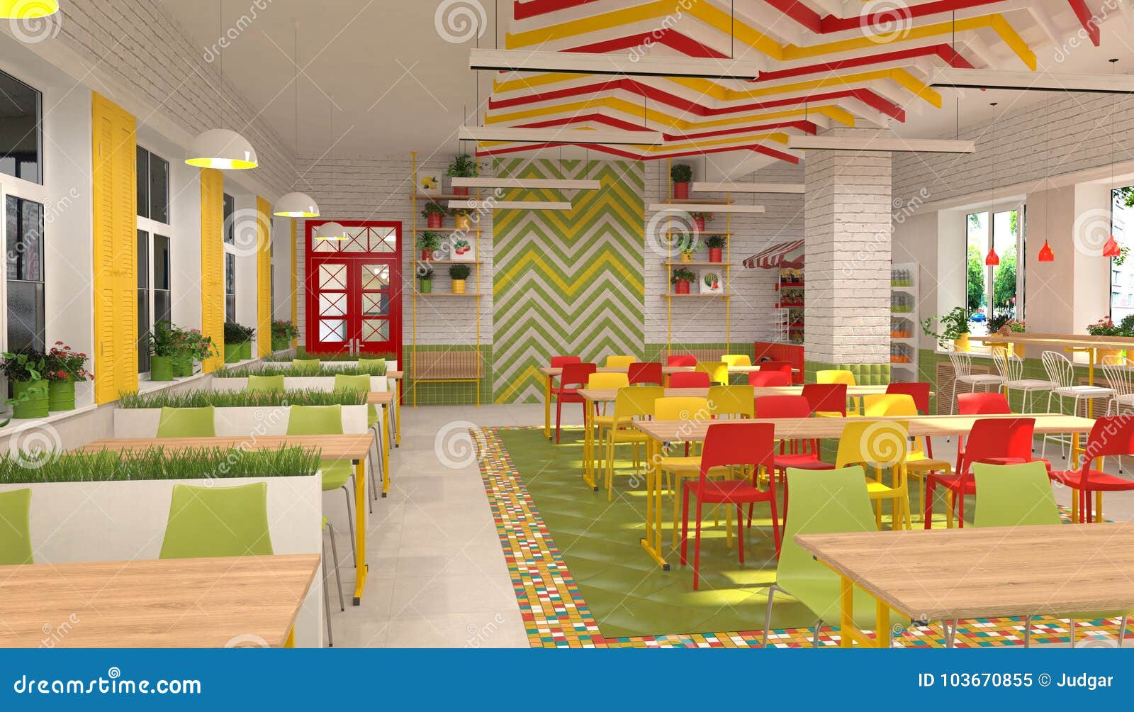 Interior of the School Children`s Canteen. 3D Visualization of Dining ...