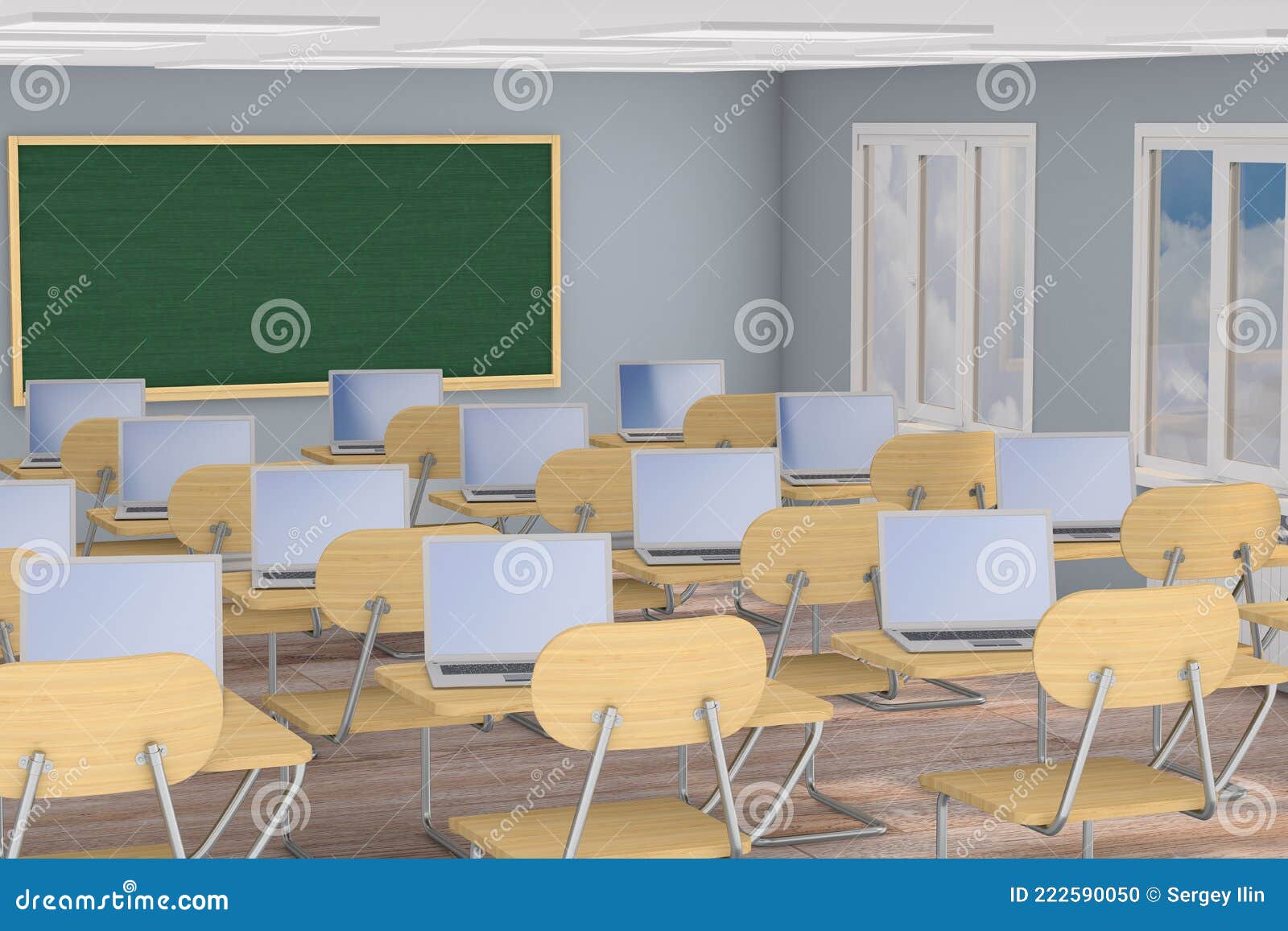 Interior Of A School With Desks Equipped With Protective Plexiglass ...