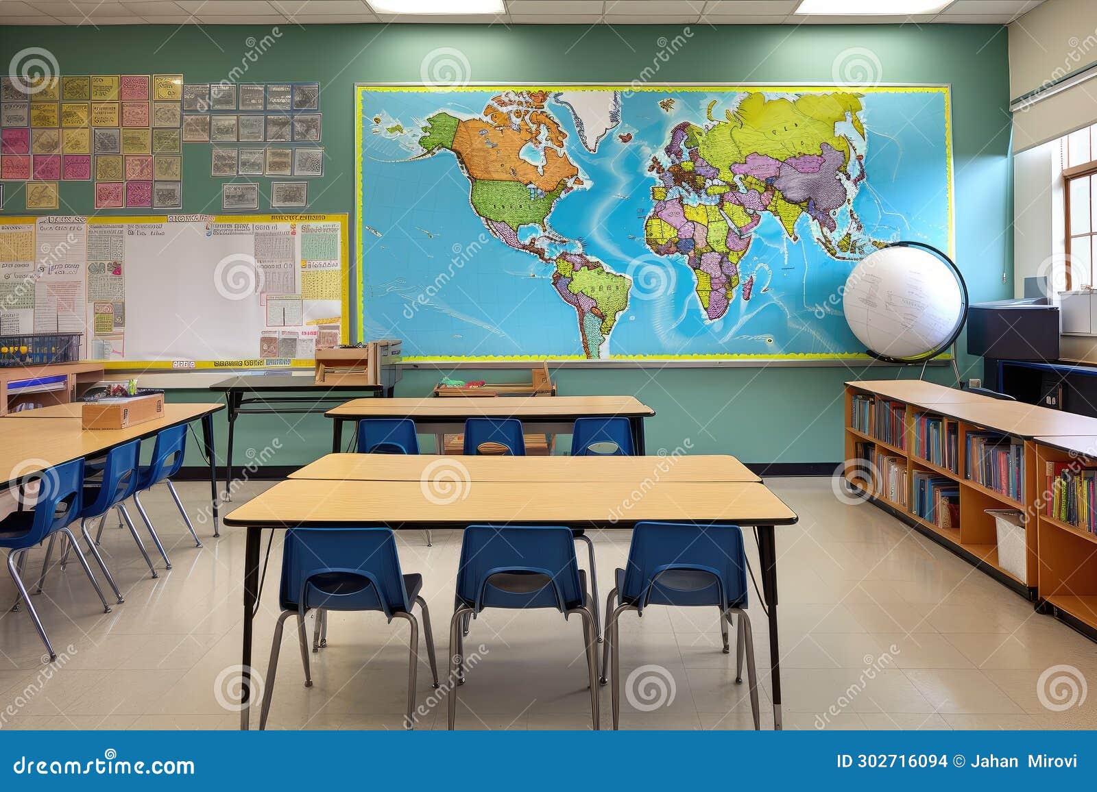 Interior of a School Classroom with a Map on the Wall, Retro Classroom ...