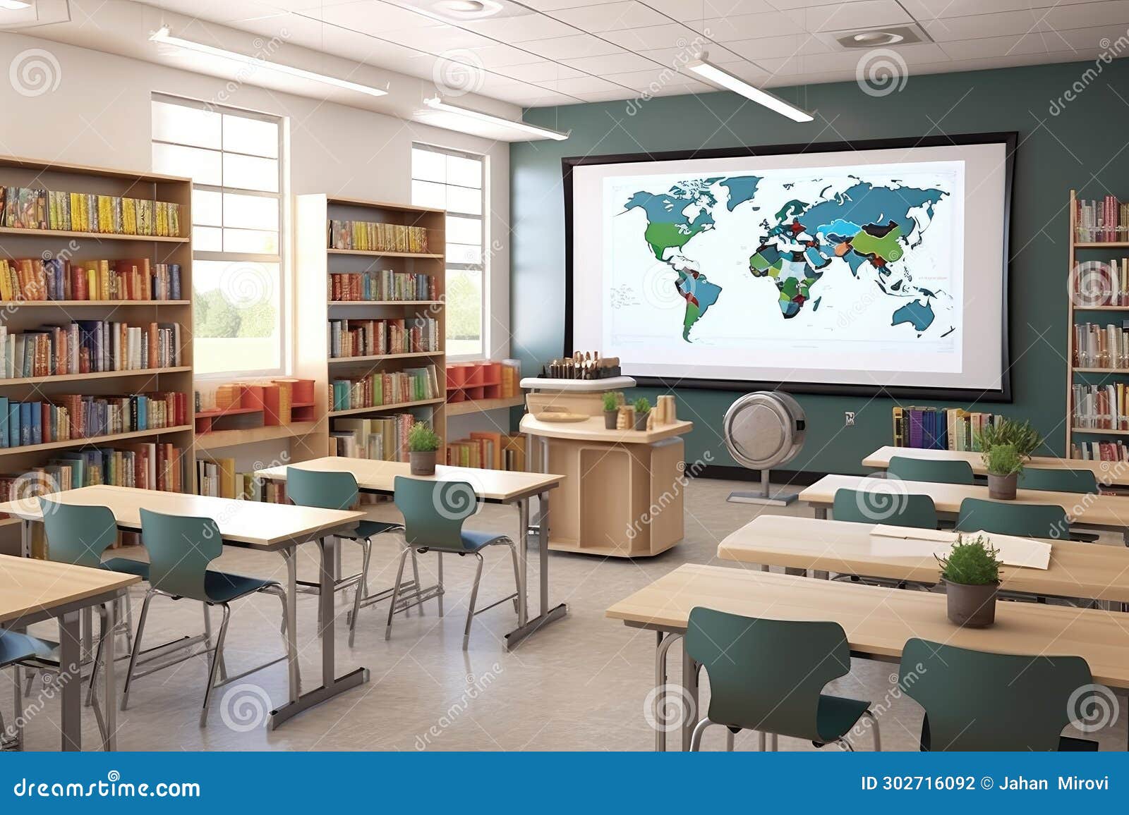 Interior of a School Library with a Map on the Wall, 3d Rendering ...