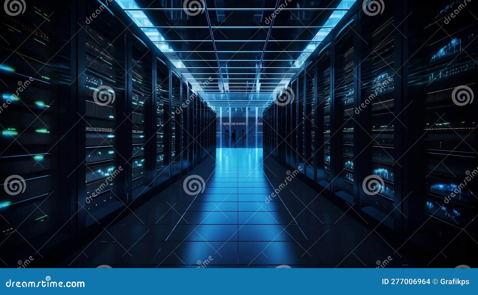 A Parallel Row Of Servers, Adorned In Electric Blue, Fills A Technology ...