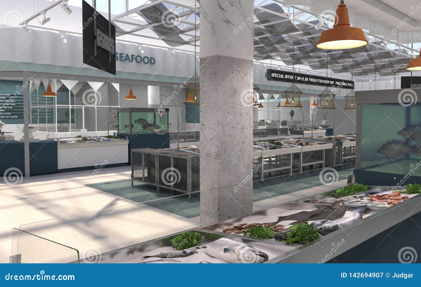 The Interior of the Shop Fresh Fish and Seafood. 3D Render. Design ...