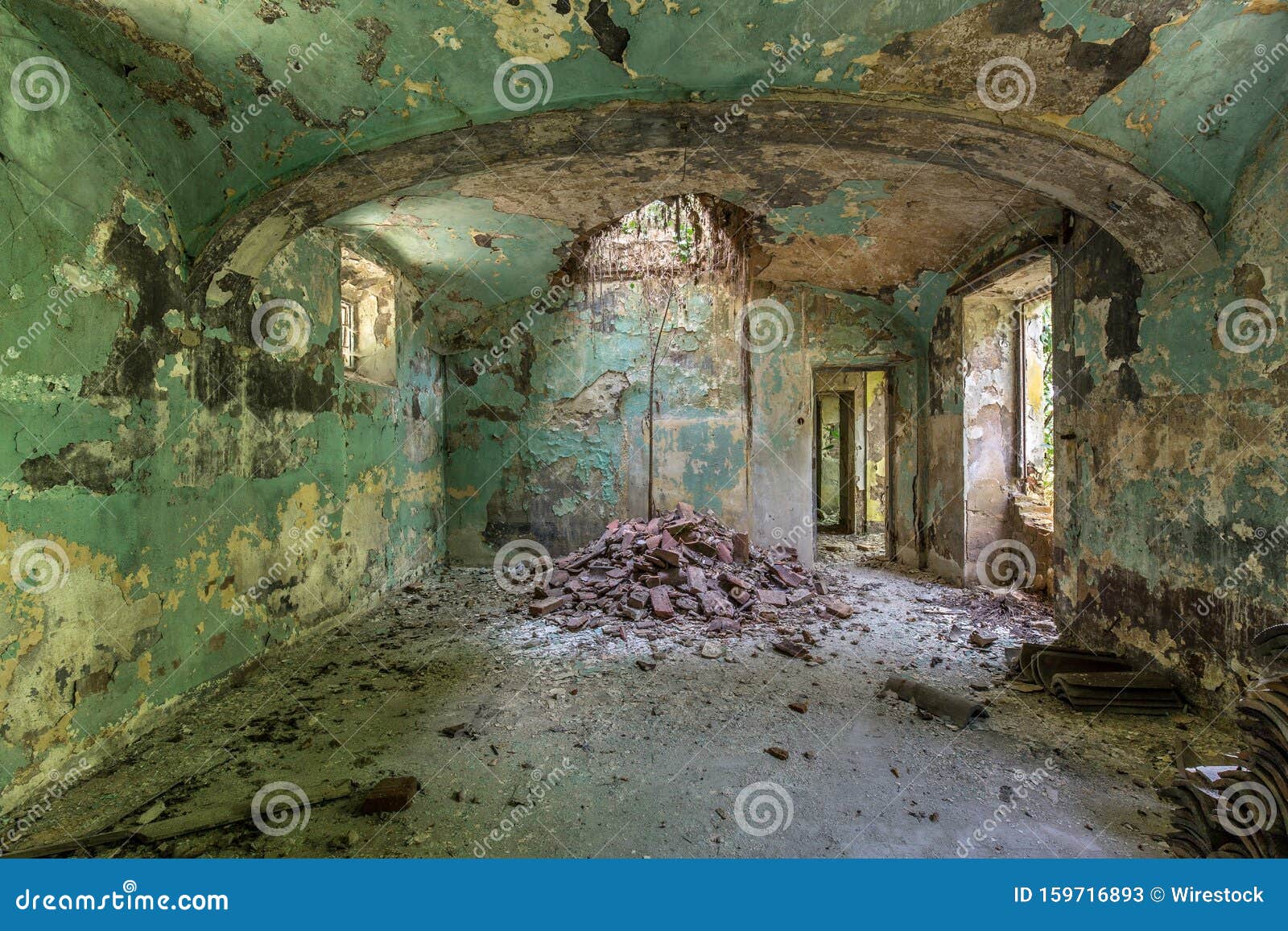 Interior Shot of an Abandoned Building Interior with Green Walls and ...
