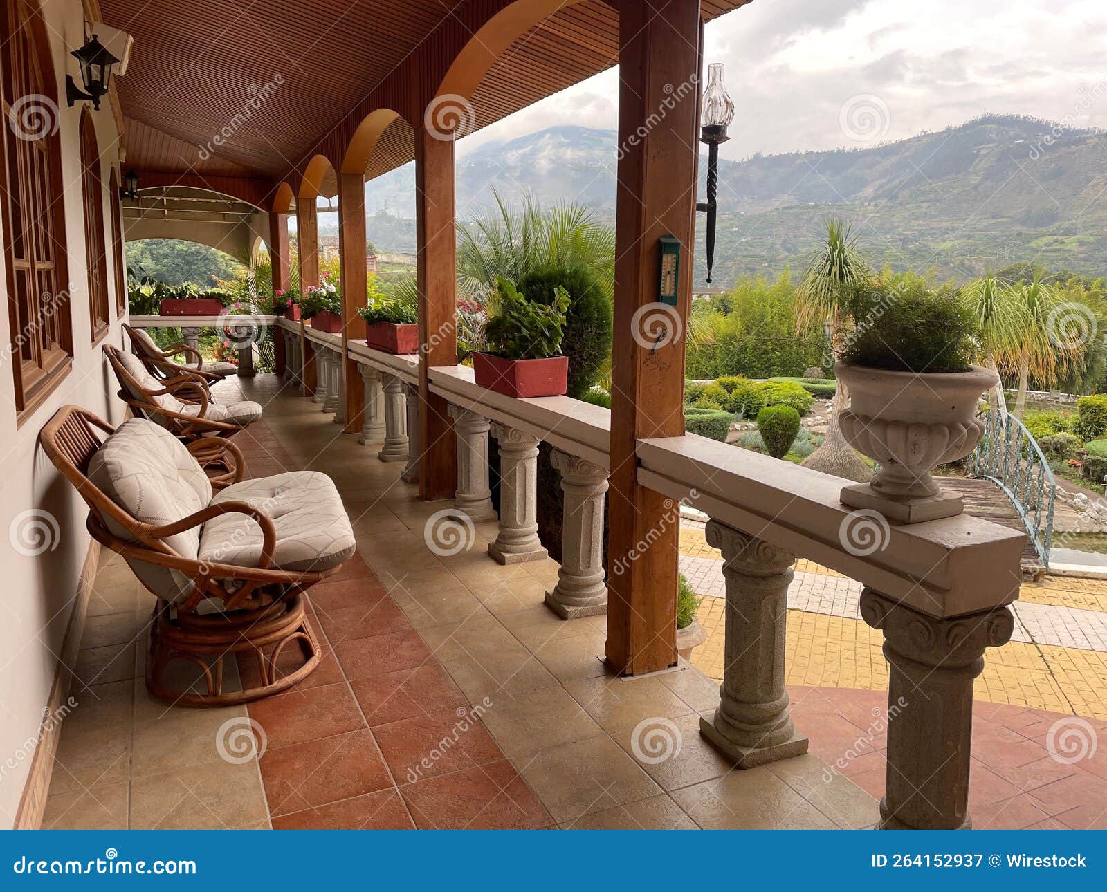Interior Shot of a Terrace in Colonial Style with the View of Mountains ...