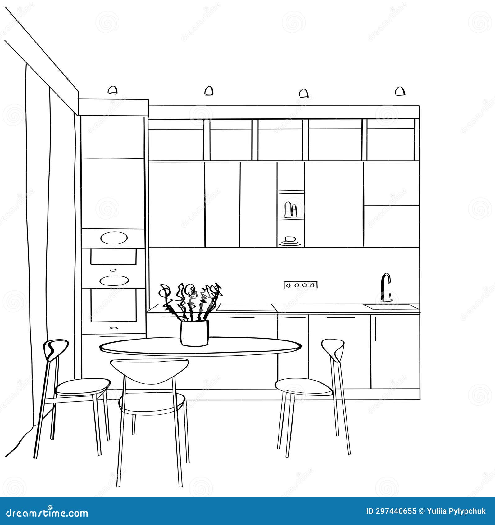 Interior Sketch of Modern Kitchen. Line Illustration Stock Vector ...
