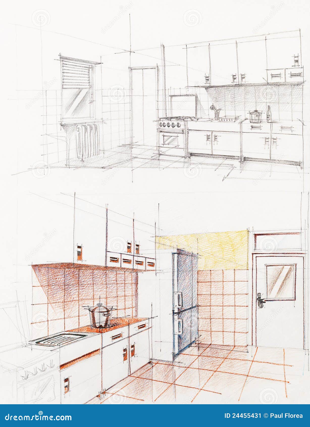 Interior Sketched Perspective of Apartment Kitchen Stock Image - Image ...