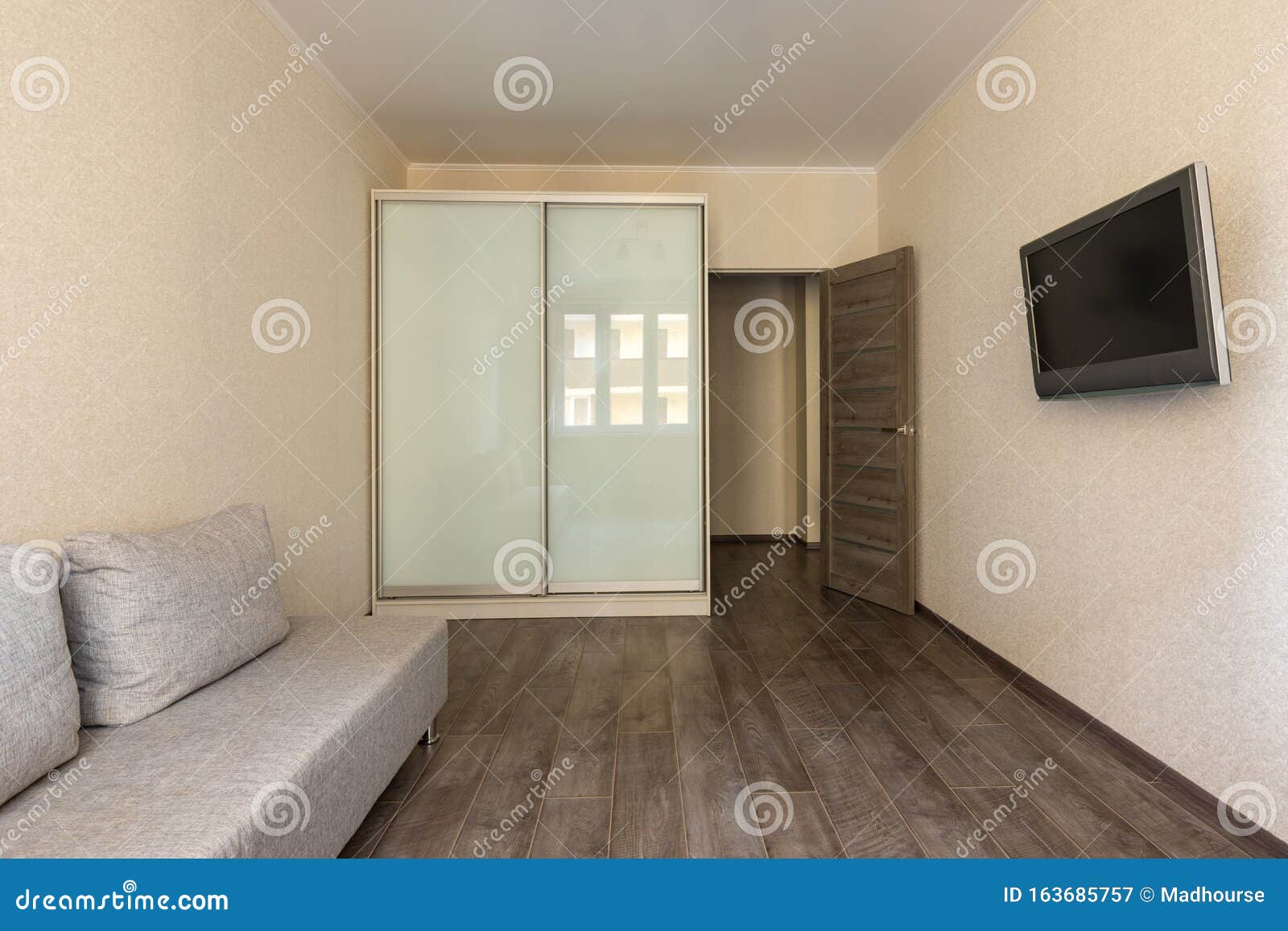 Interior of a Small Modest Room in a Hotel, TV, Wardrobe and Sofa Stock ...