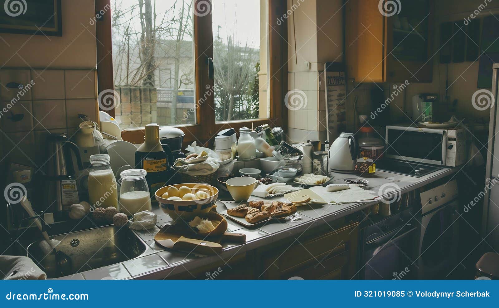 Interior of Small Old Kitchen in the Process of Preparing Breakfast ...