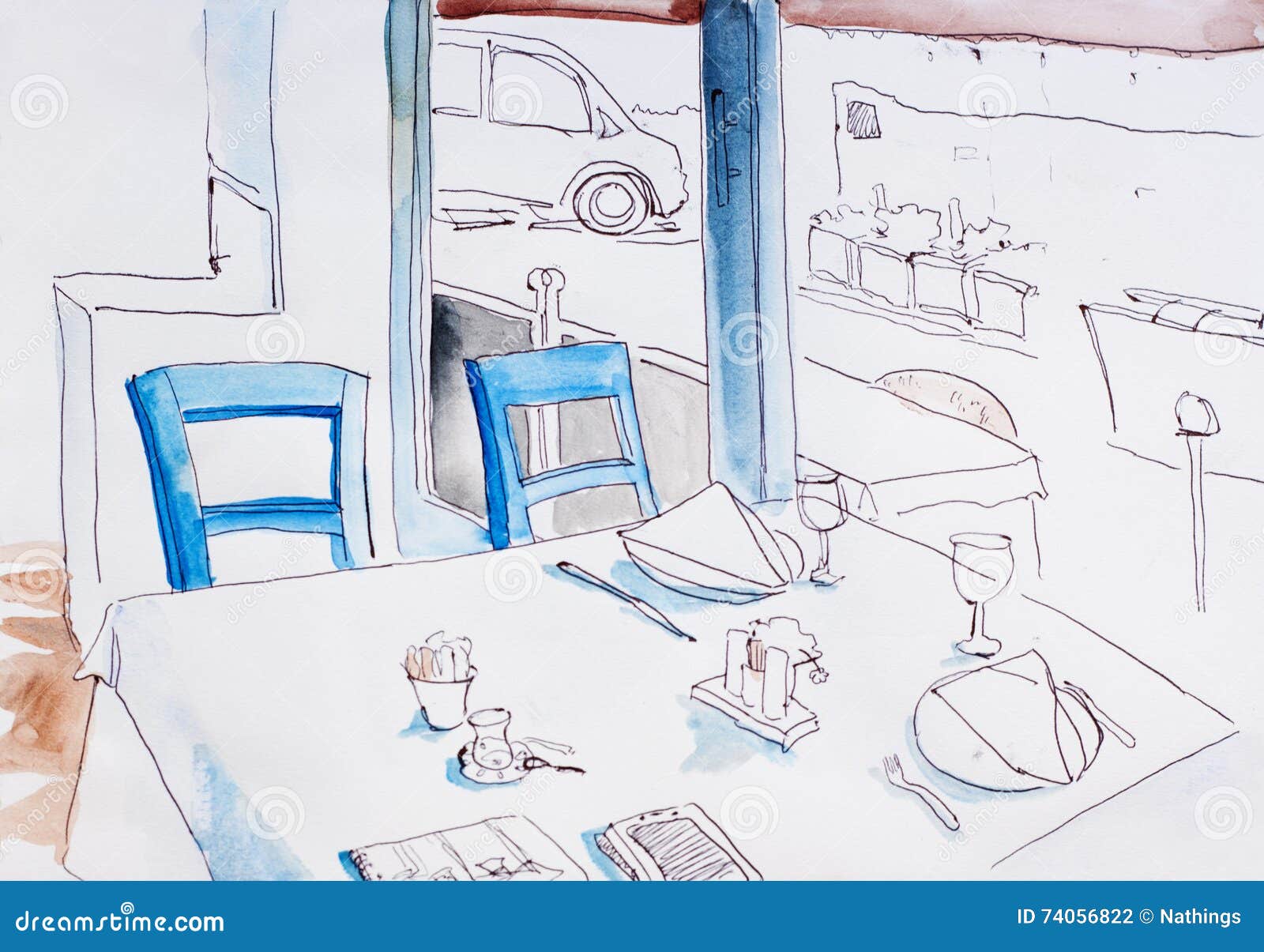 Interior of Small Restaurant with Big Windows Original Drawing a Stock ...