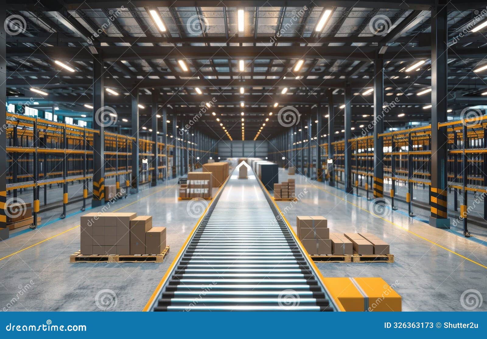 Interior Of A Logistics Warehouse With Filled Rows Of Shelves And Racks ...