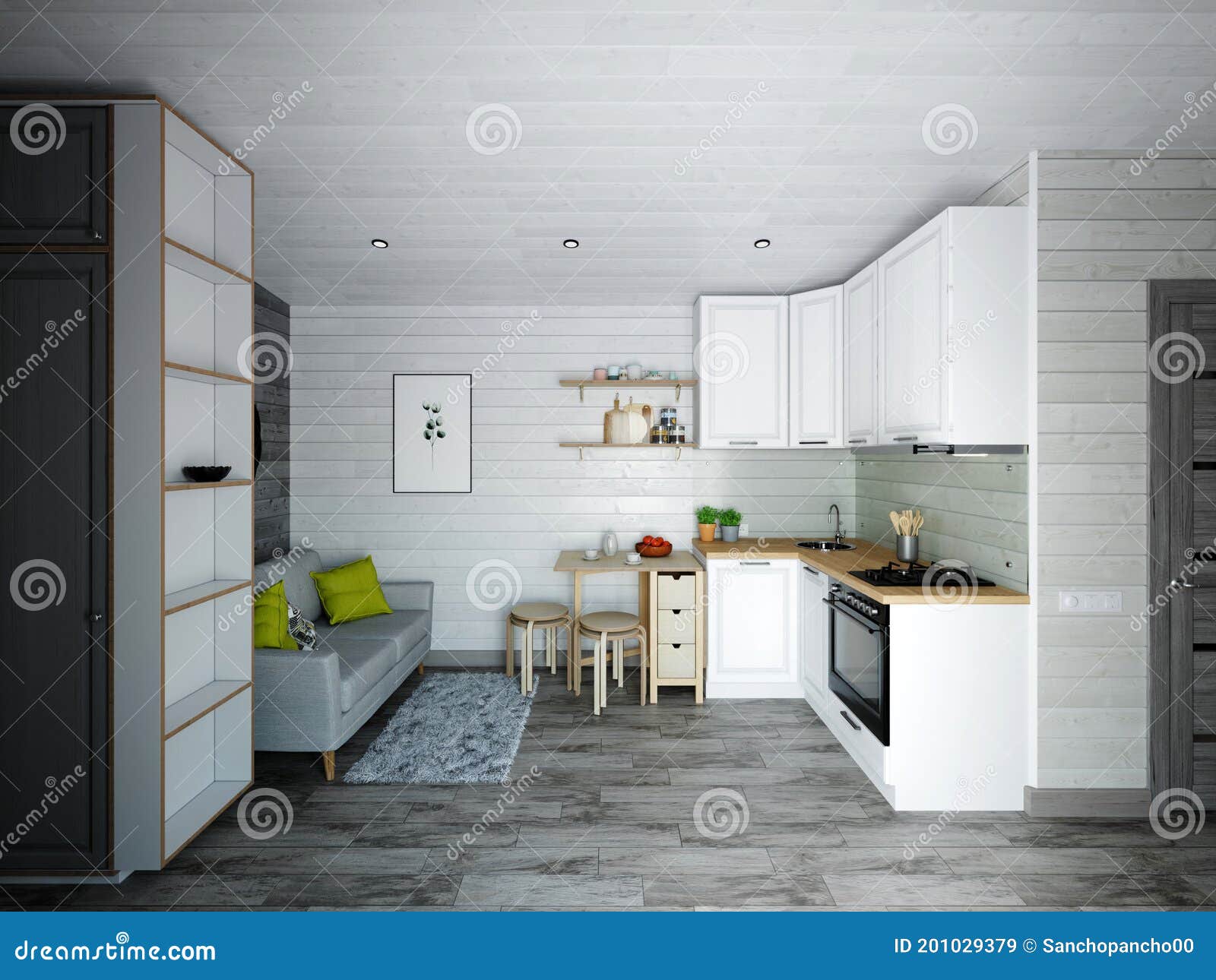 Interior Studio. Small Kitchen. 3d Rendering Stock Illustration ...