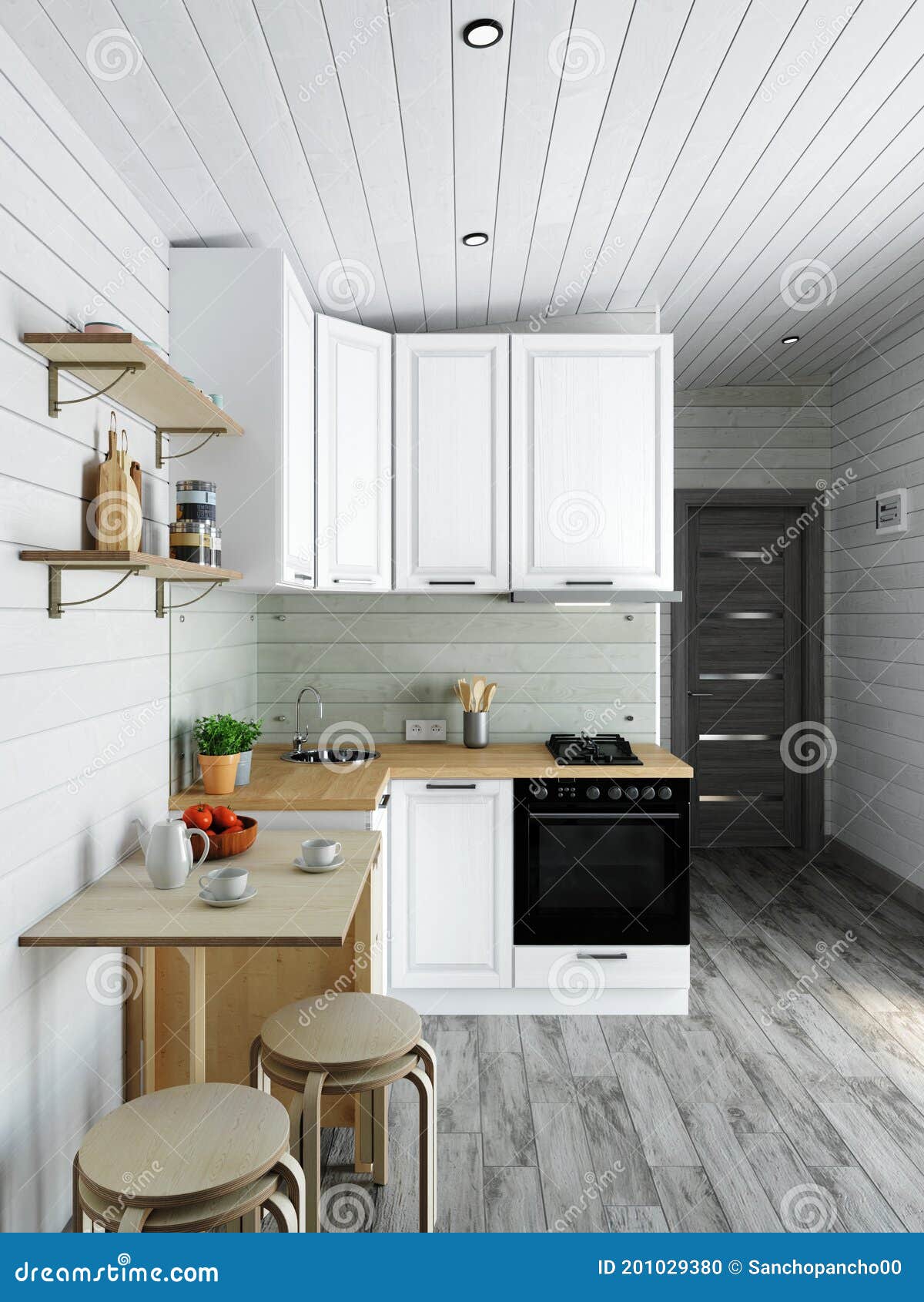 Interior Studio. Small Kitchen. 3d Rendering Stock Illustration ...