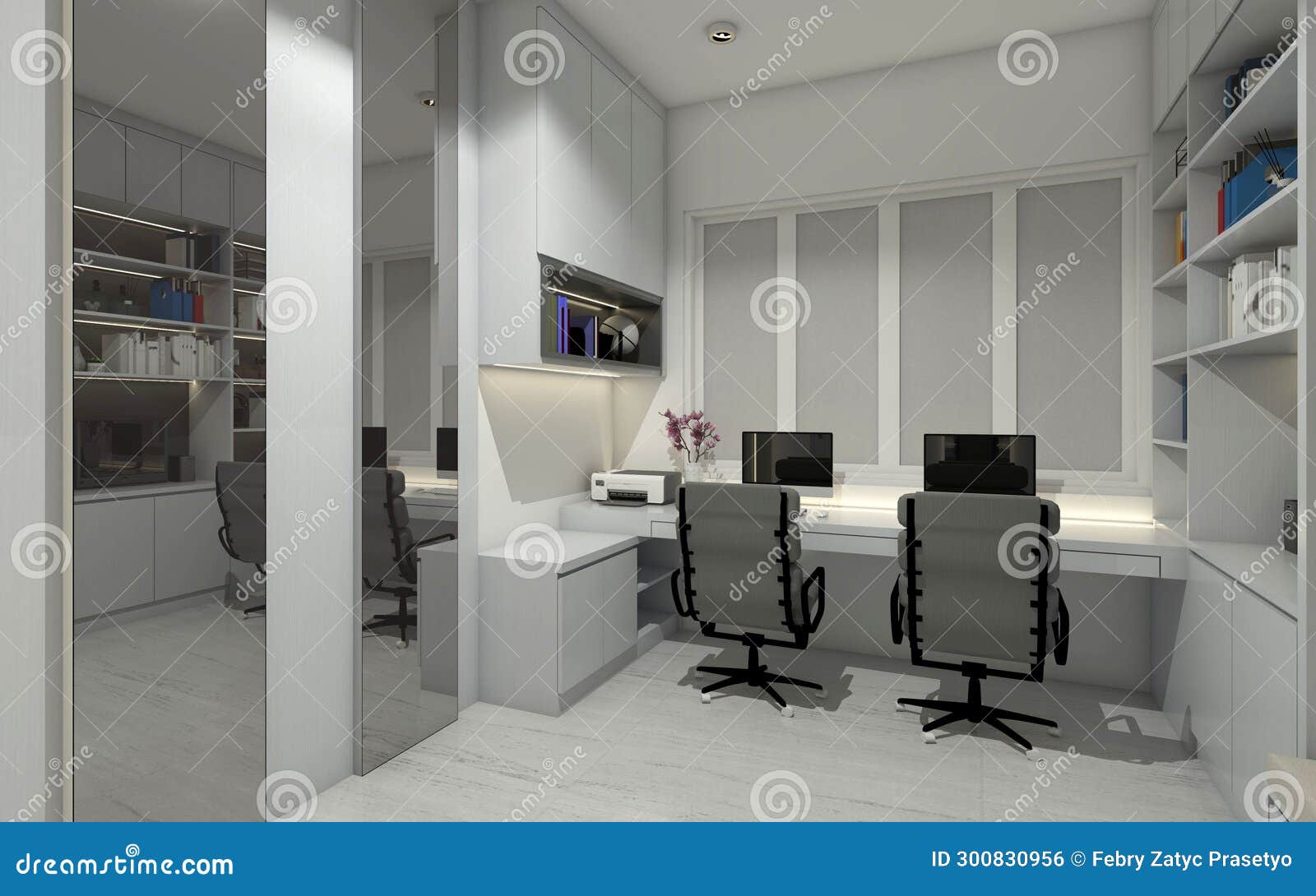 Interior Studying Room with Double Desk, Storage Display Cabinet and ...