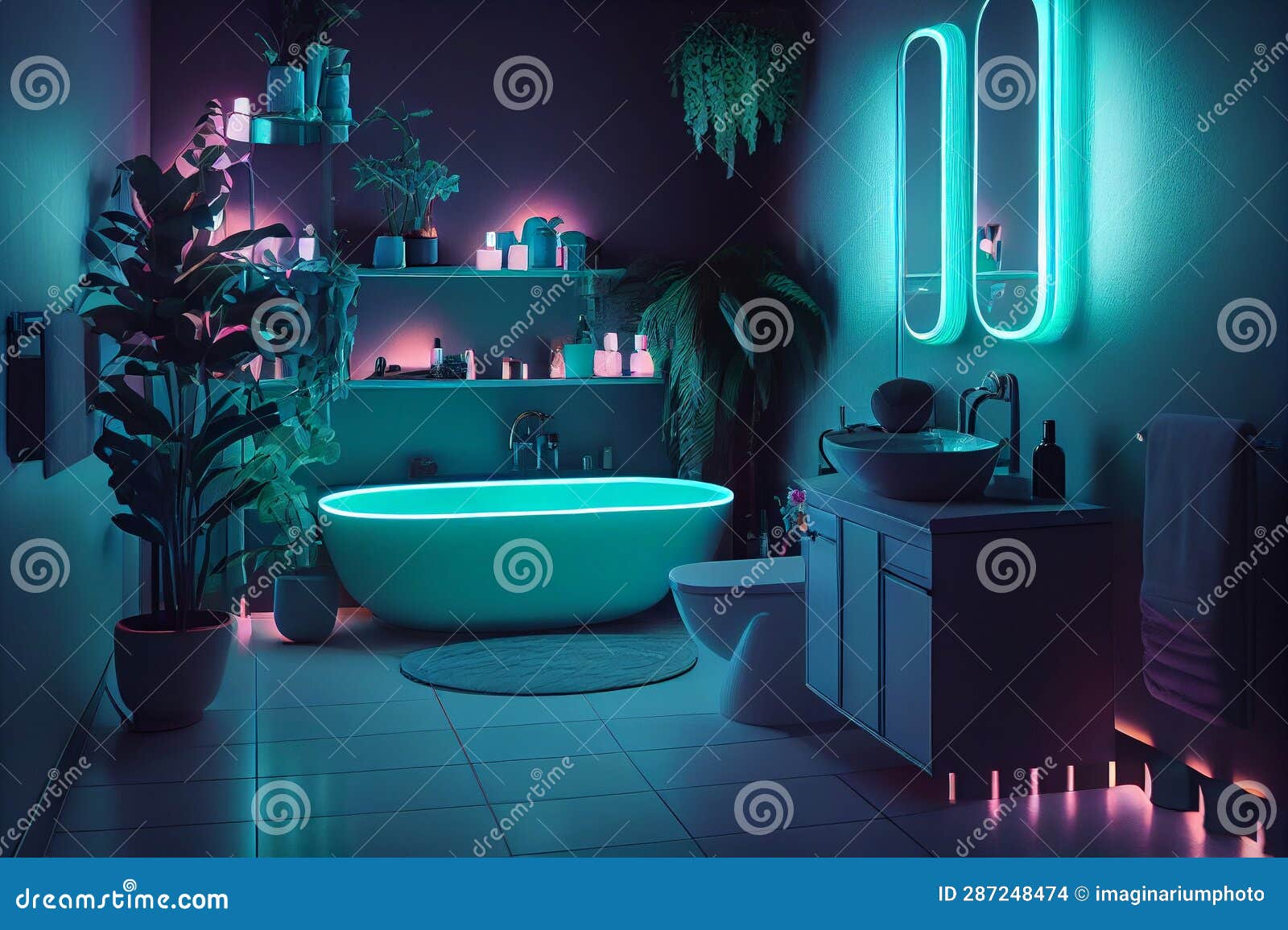 Interior of Stylish Bathroom with Neon Lighting Stock Photo - Image of ...