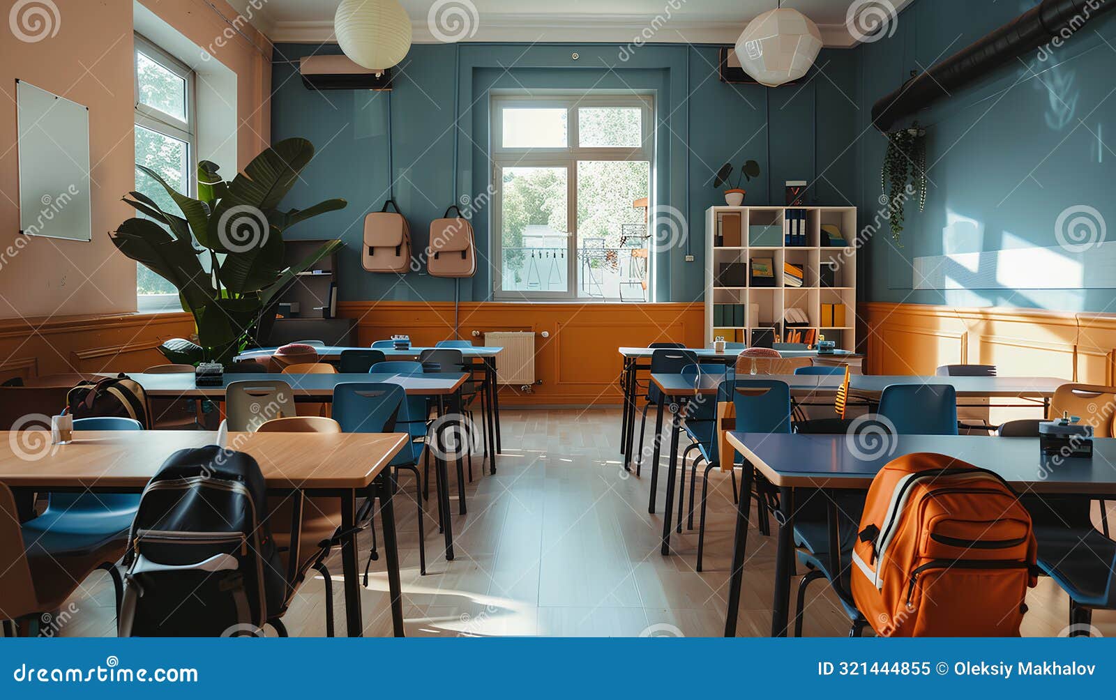 Interior of Stylish Empty Classroom with Backpacks and Stationery Stock ...