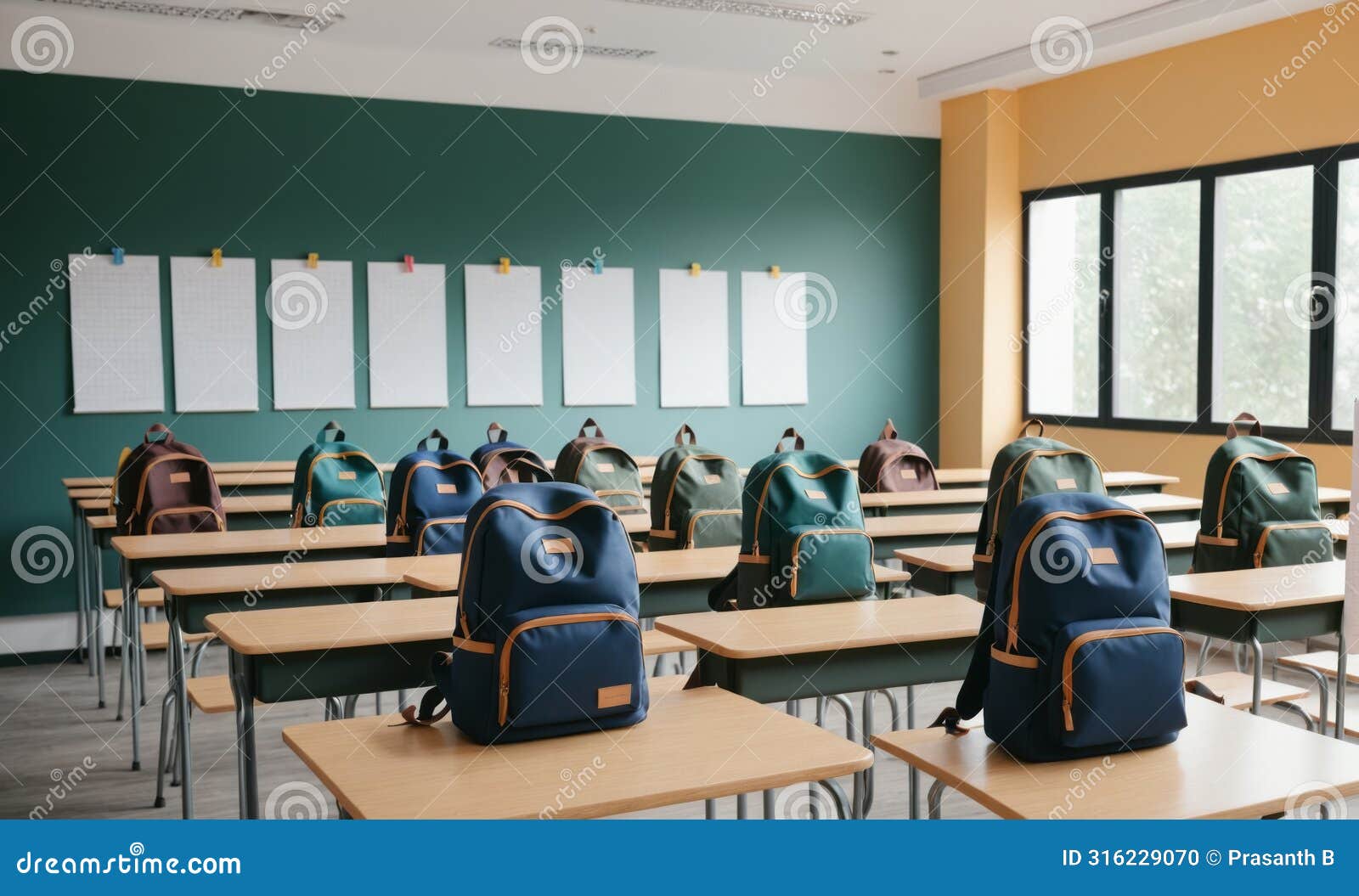 Interior of Stylish Empty Classroom with Backpacks and Stationery Stock ...
