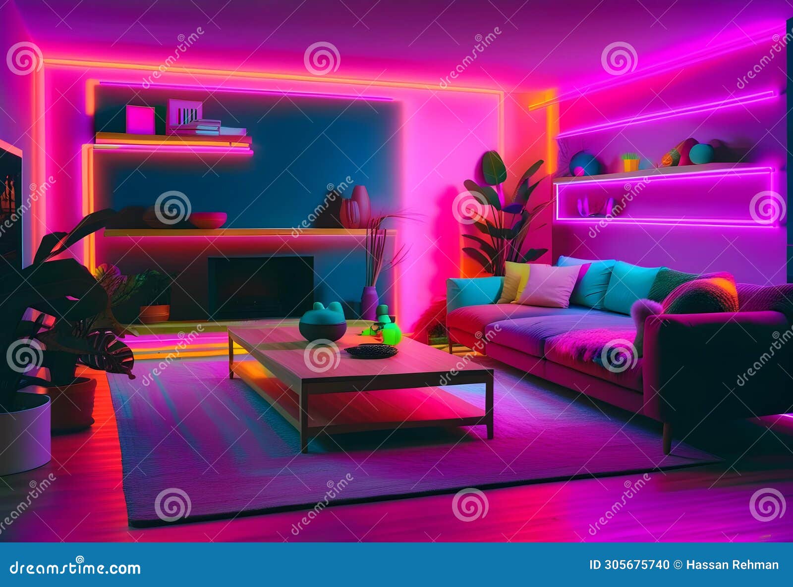 Interior of Stylish Living Room with Neon Lighting Stock Illustration ...