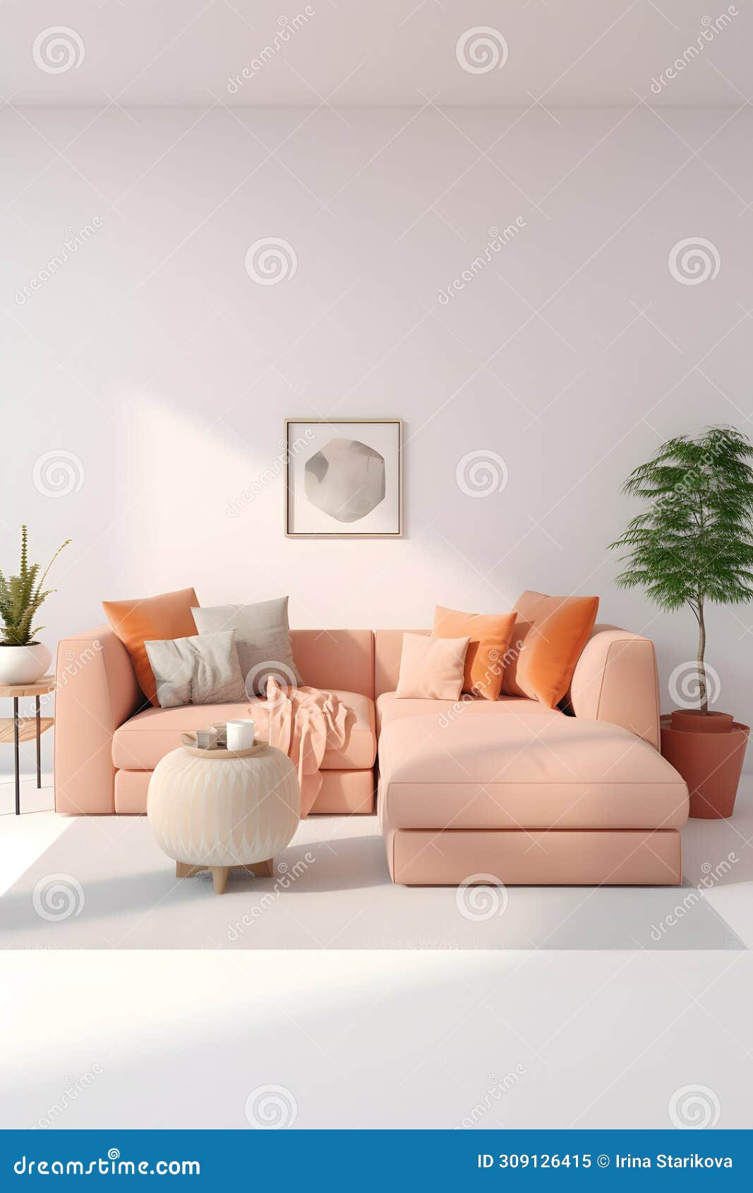Interior of Stylish Living Room with Peach Colored Sofa Stock ...