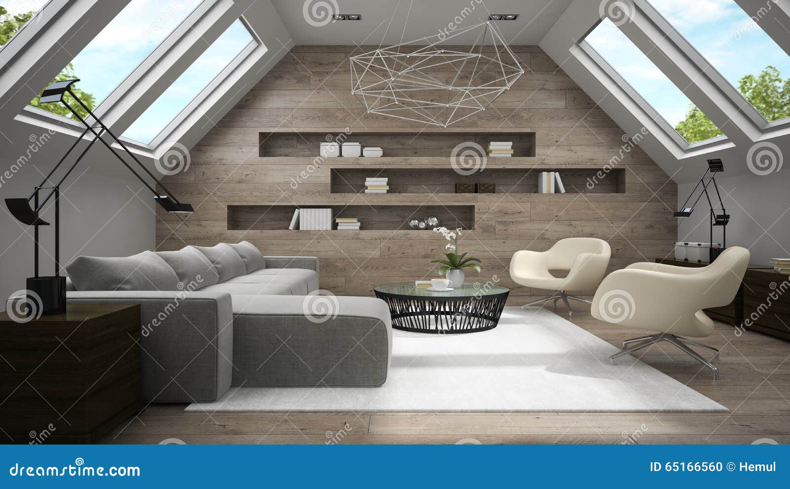 Interior of Stylish Mansard Room 3D Rendering Stock Photo - Image of ...