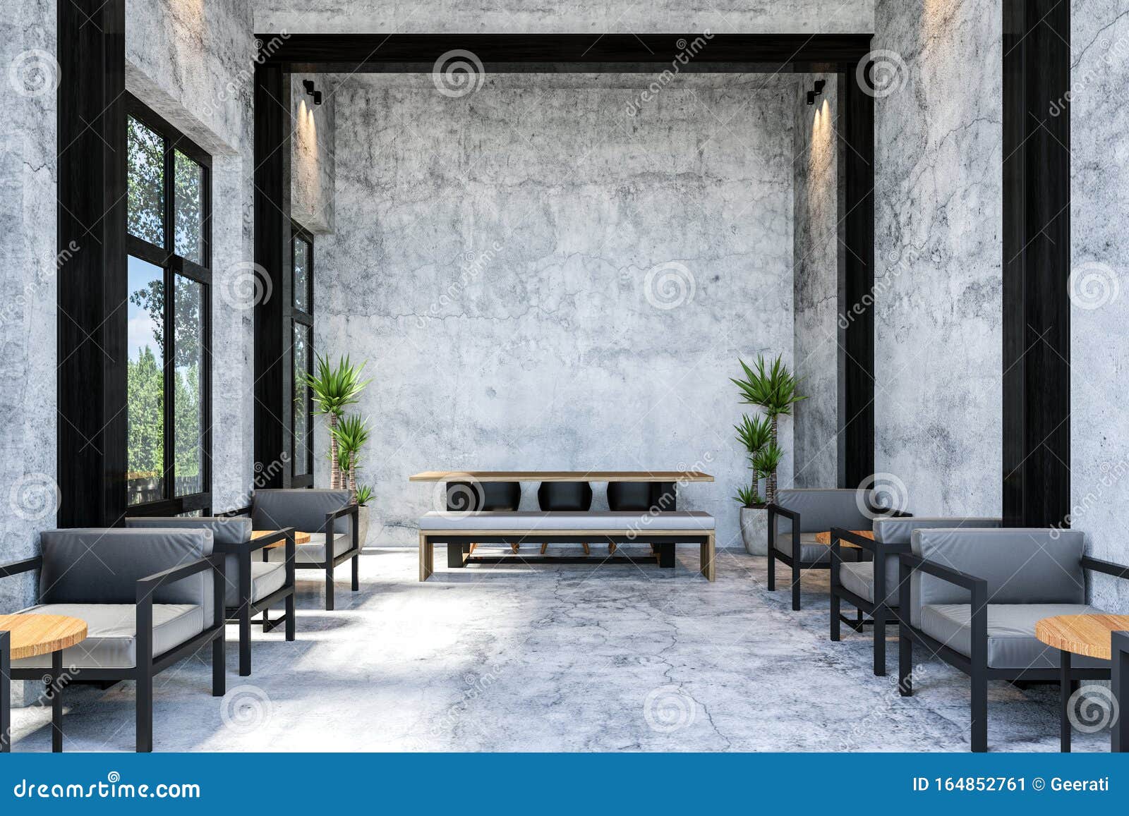 Interior of Stylish Modern Loft Cafe with Long Table Stock Illustration ...