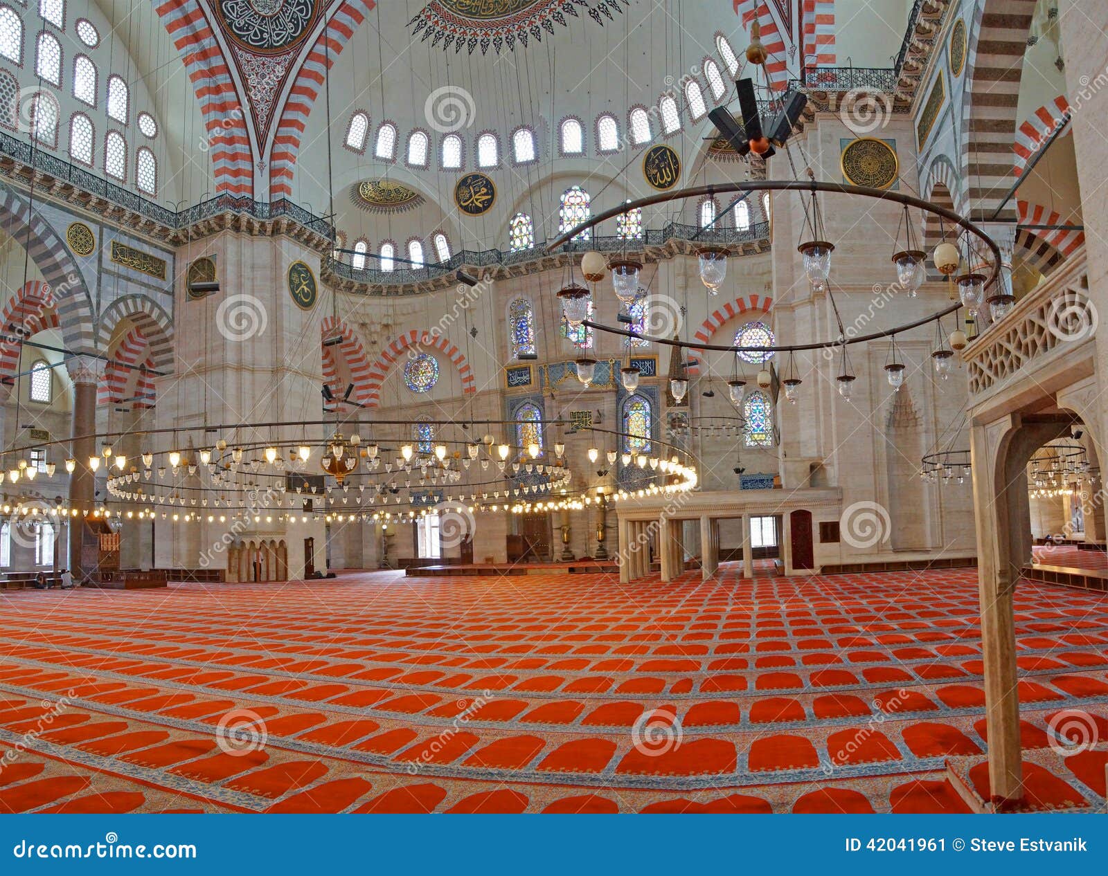 Interior Prayer Area With Blue Calligraphy Mihrab Columns Jumah Central ...