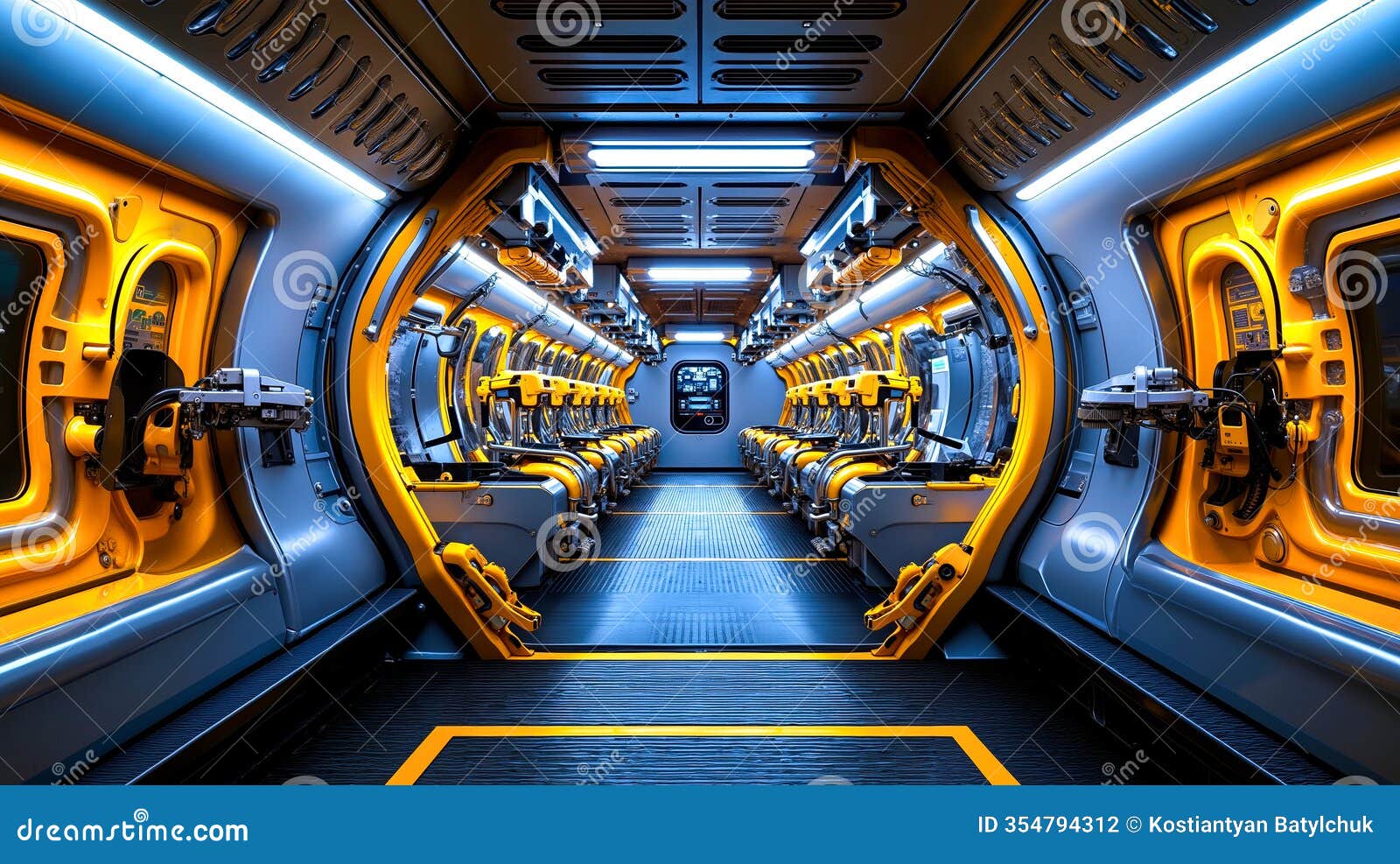 A View of the Inside of a Space Station with Yellow Seats Stock Photo ...
