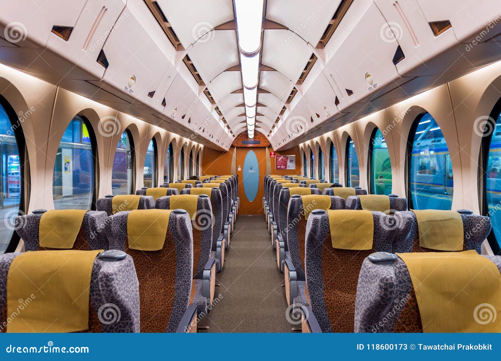 Interior of a Train with Empty Seats. Modern Train Seats Stock Image ...