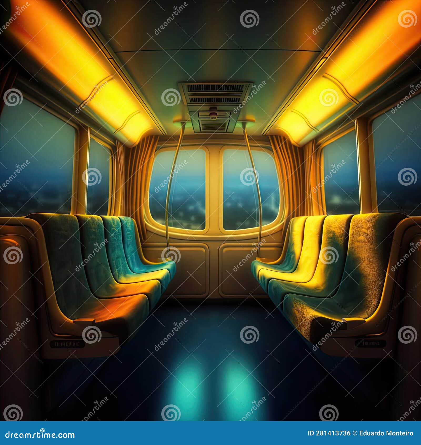 Interior of a Train with Seats in Yellow and Blue Colors Stock ...