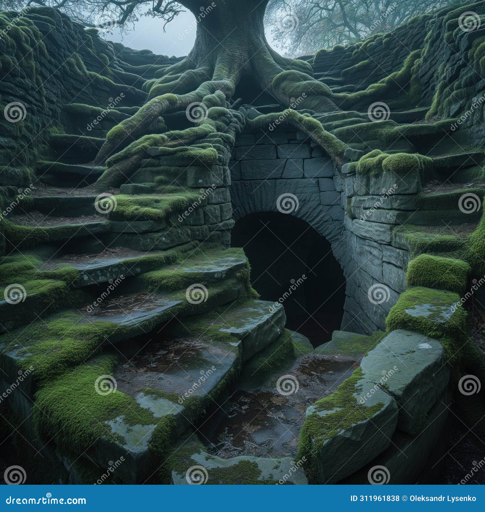 Interior of a Tree Surrounded by a Stone Building Stock Illustration ...