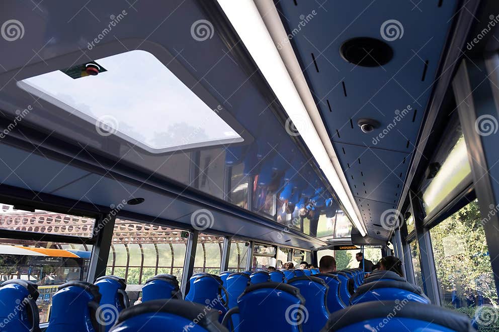 Interior of the Upper Deck in a Modern Double-decker Bus with Ceiling ...