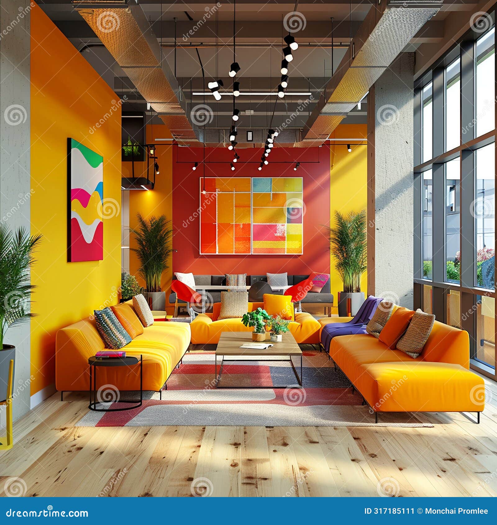 Interior of a Vibrant Office, Highlighting Collaborative Hubs and ...