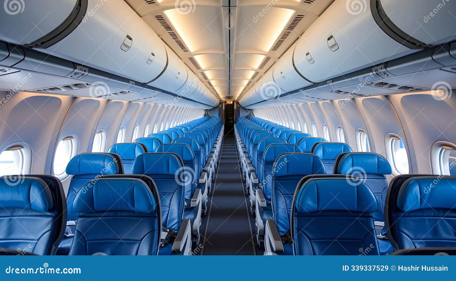 Airplane Cabin Interior with Blue Seats and Overhead Compartments Stock ...