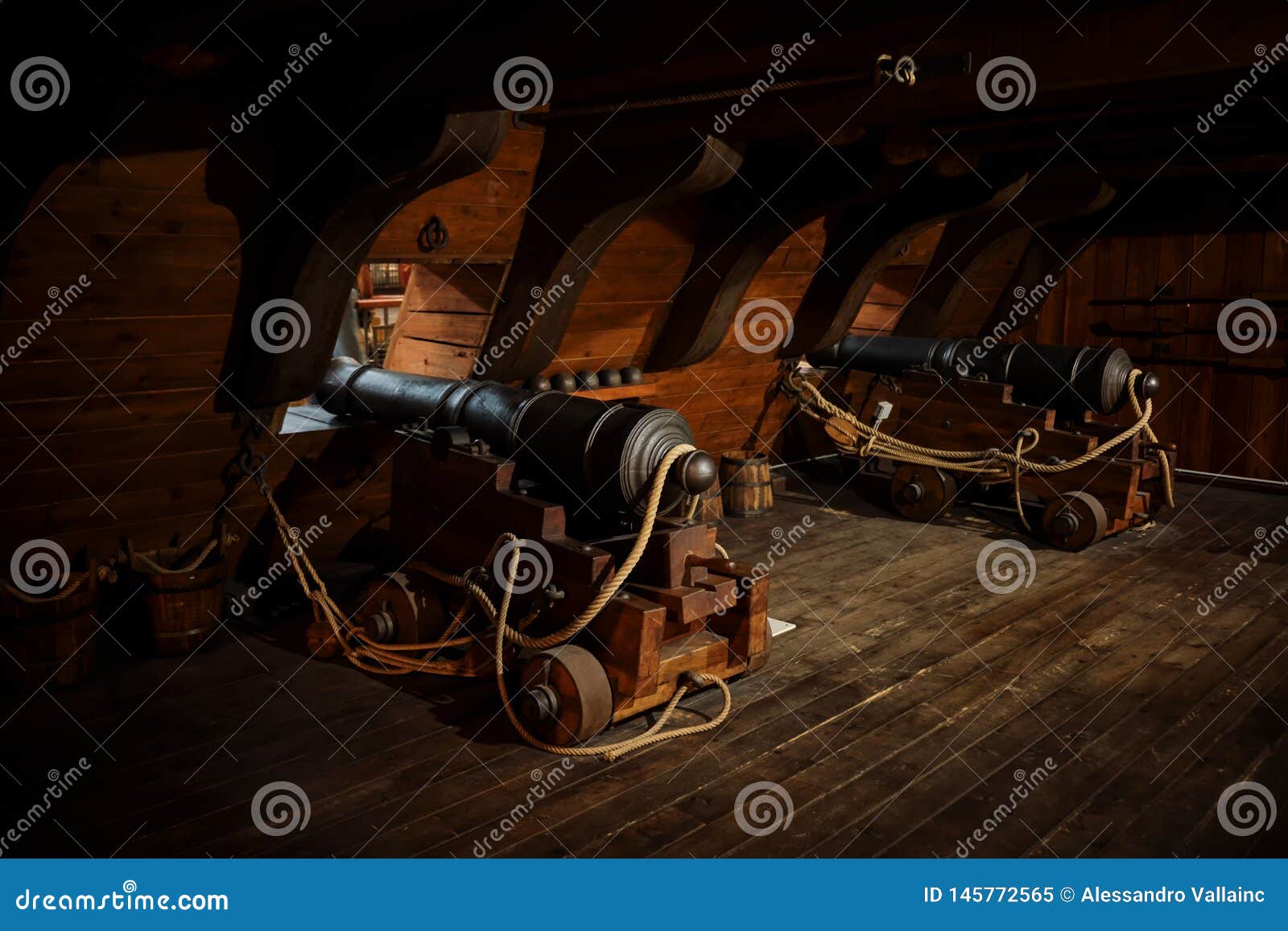 Interior View of Cannons at the Deck and Cannon Balls Plus Windows on ...