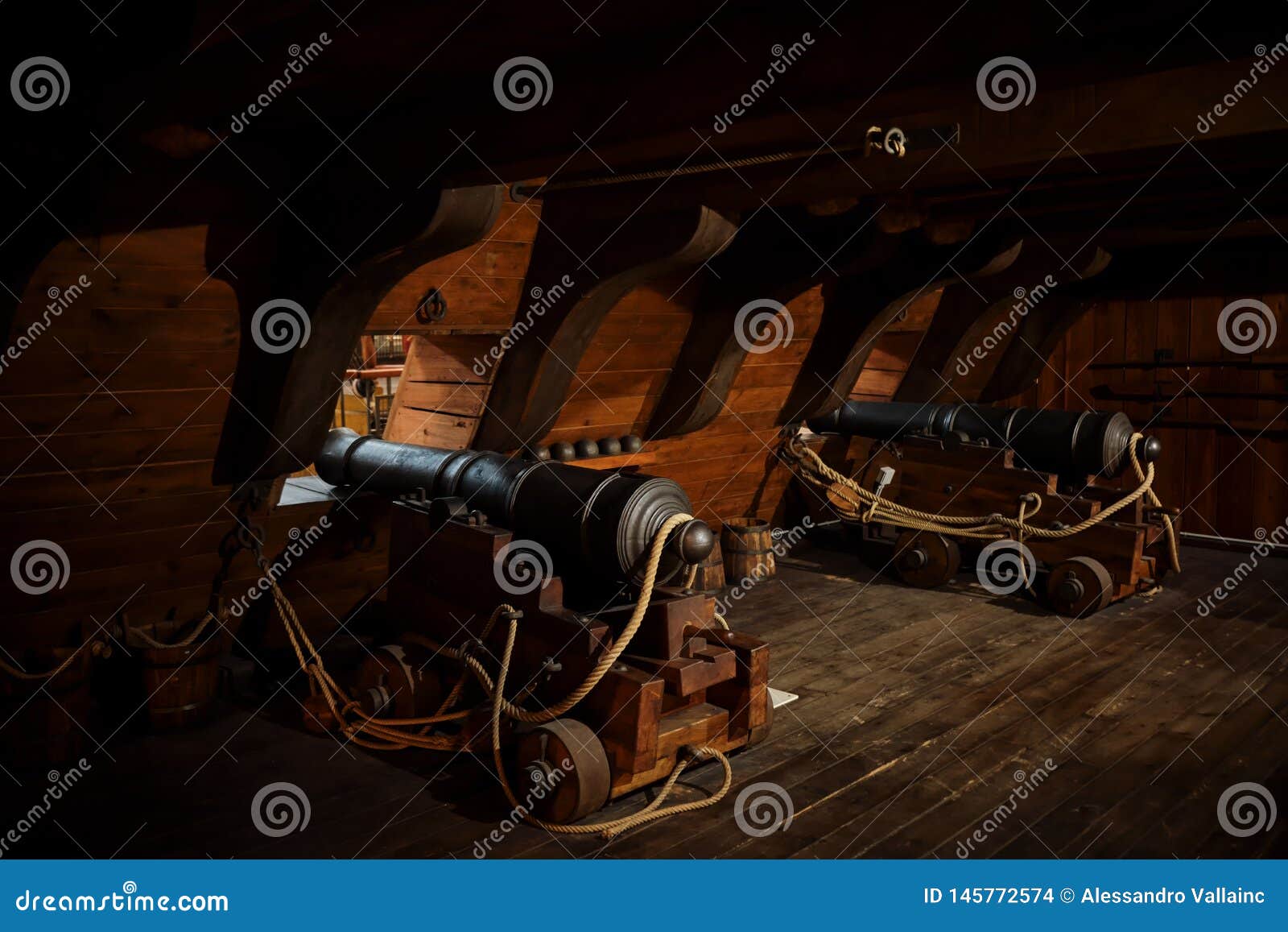 Interior View of Cannons at the Deck and Cannon Balls Plus Windows on ...