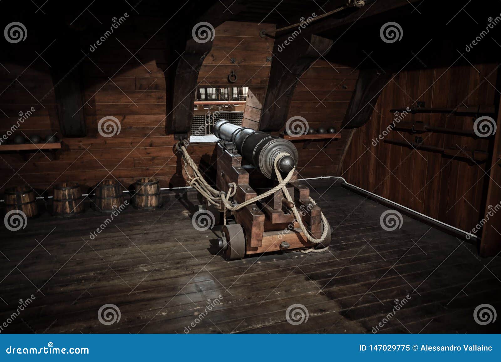 Interior View of Cannons at the Deck and Cannon Balls Plus Windows on ...