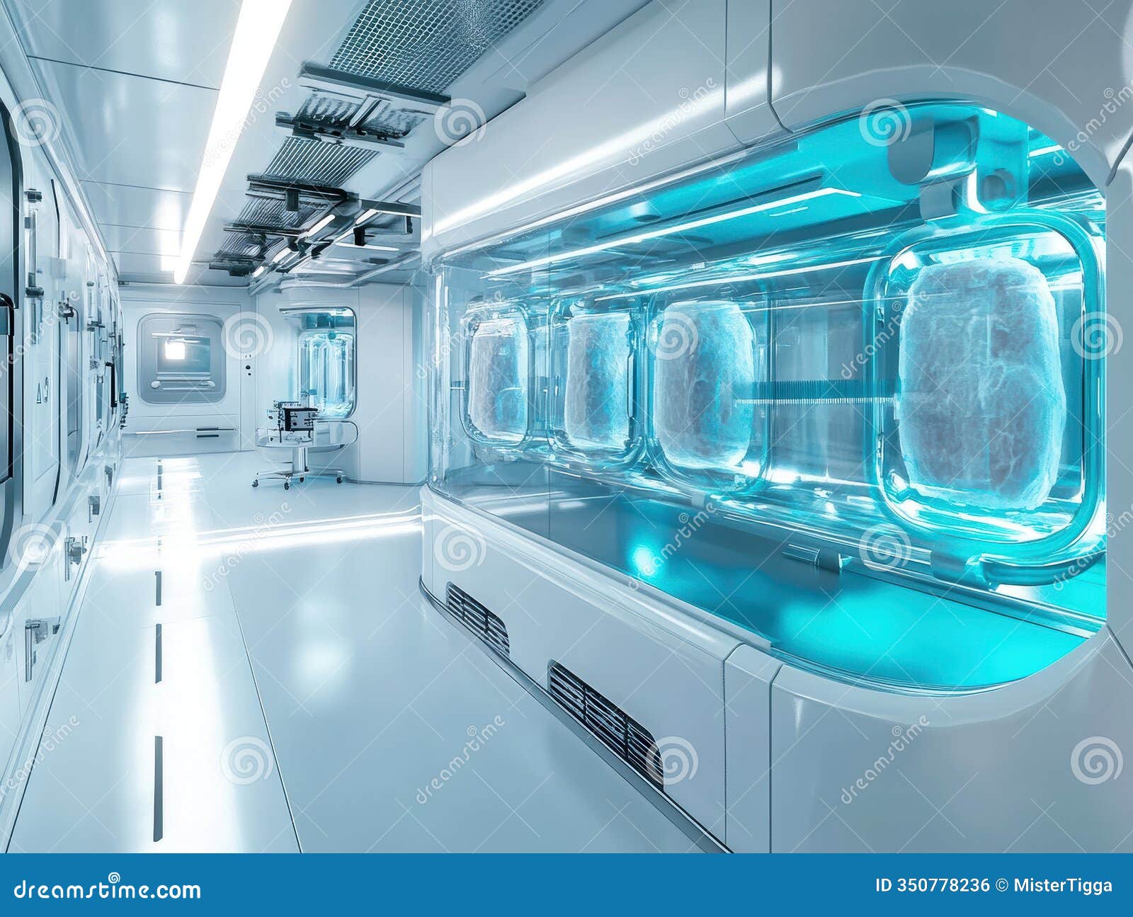 Interior View of a Clean, Blue-lit Space Shuttle Control Room with ...