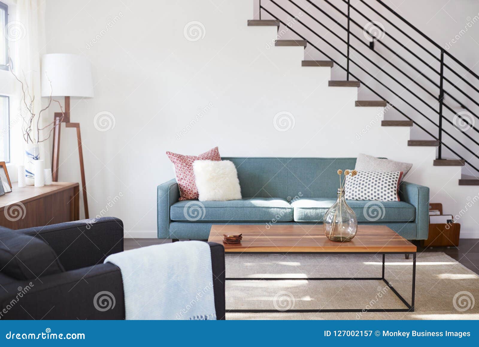 Interior View of Contemporary Lounge with Staircase Stock Image - Image ...