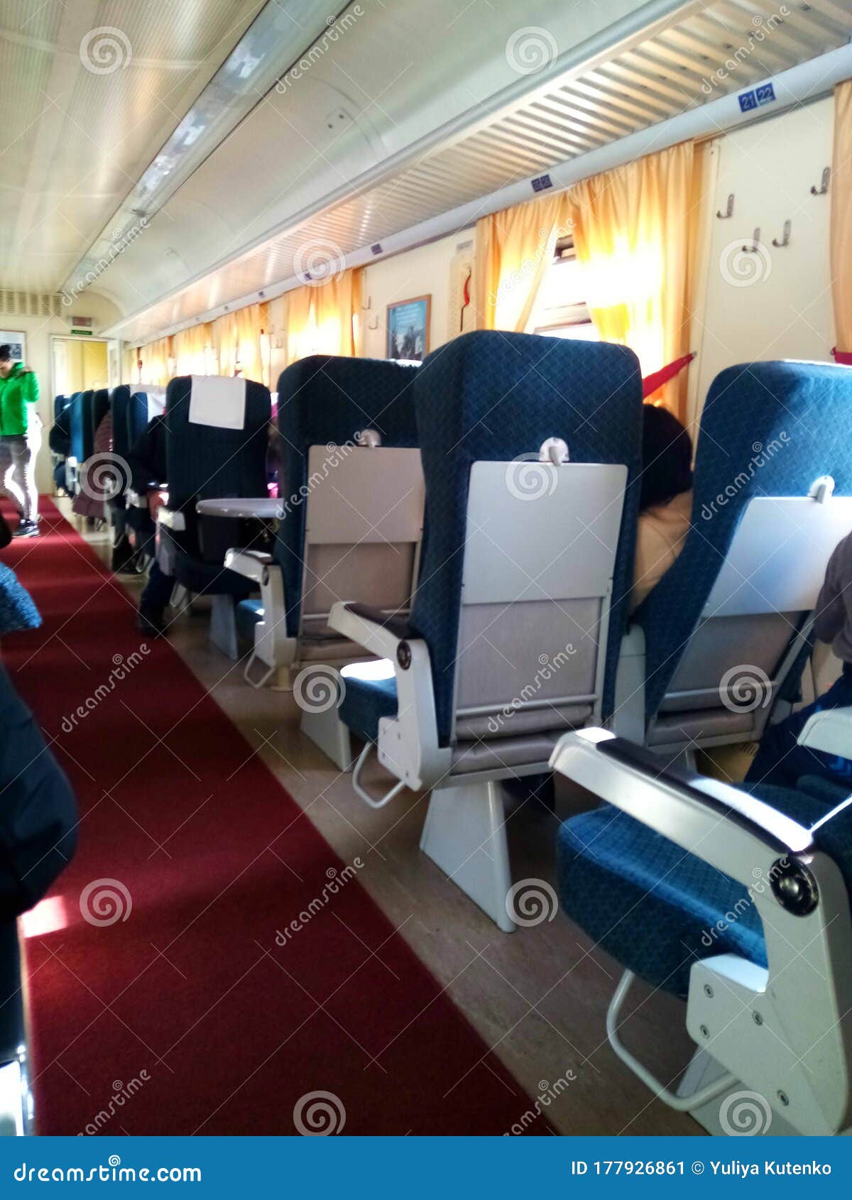 Interior View of the Corridor, Inside Passenger Trains with Blue Fabric ...