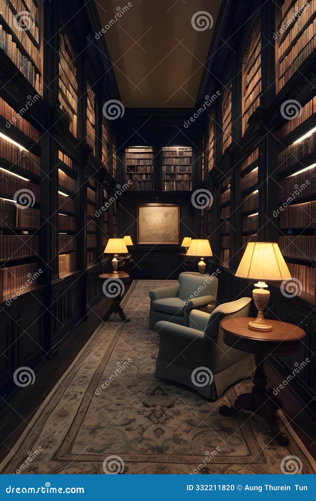 Interior View of a Cozy Library with Dim Lighting Stock Photo - Image ...