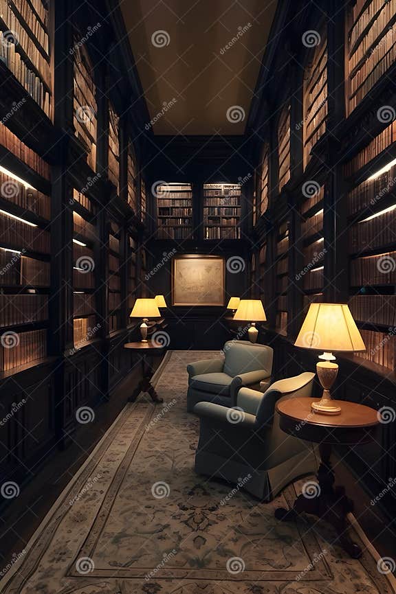 Interior View of a Cozy Library with Dim Lighting Stock Photo - Image ...