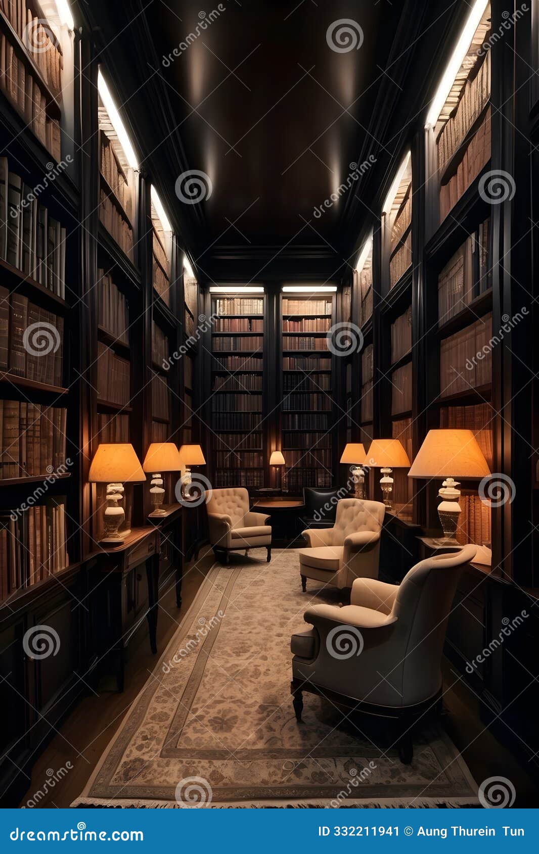 Interior View of a Cozy Library with Dim Lighting Stock Image - Image ...