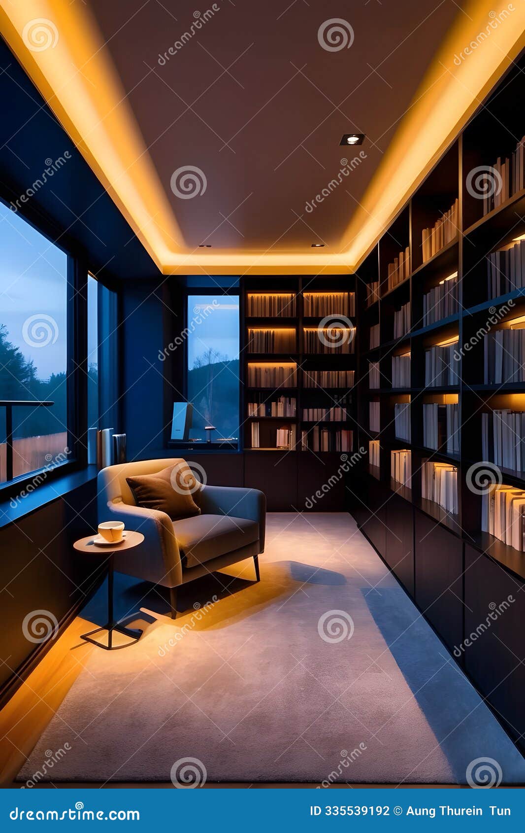 Interior View of a Cozy Library with Dim Lighting Stock Photo - Image ...