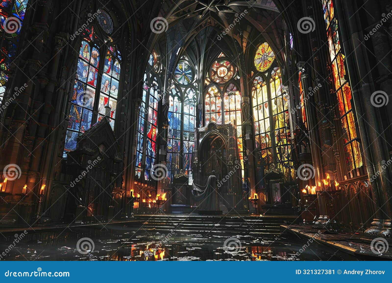 An Interior View of a Dark Gothic Cathedral with Stained Glass Windows, Lit by Candlelight ...