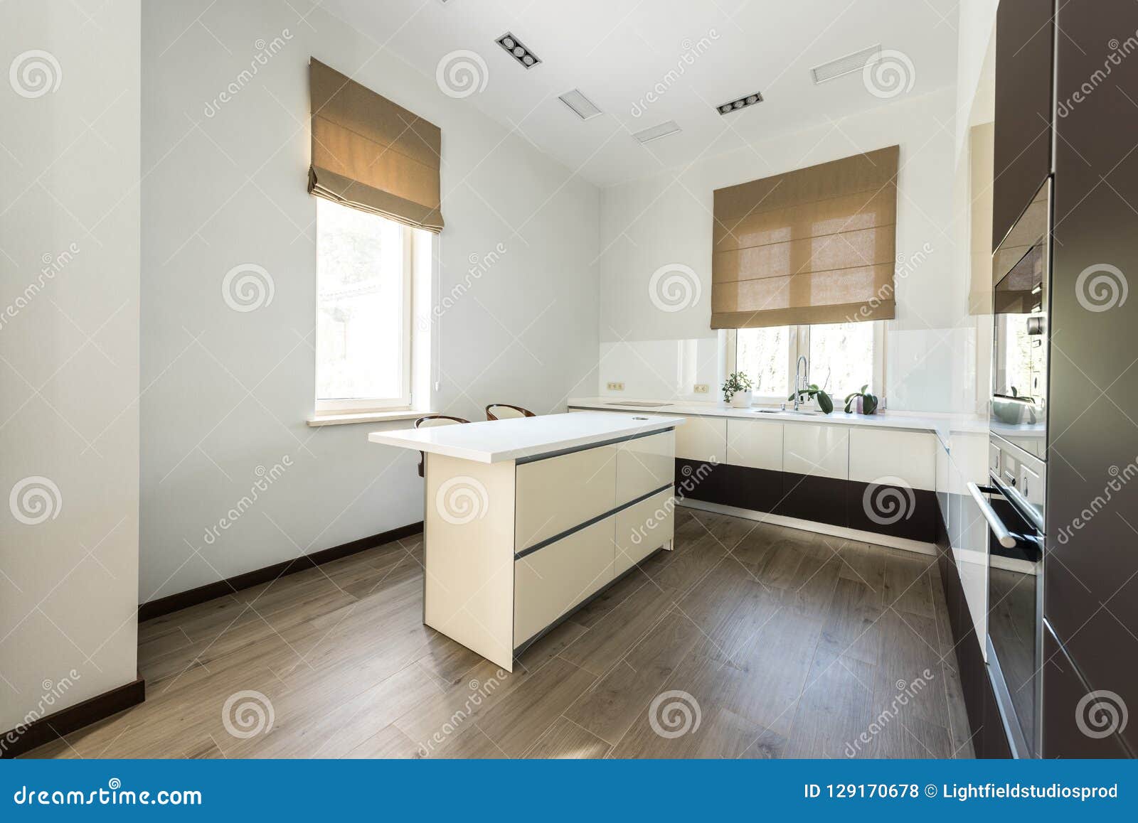 Interior View of Empty Modern Kitchen with Furniture in Light Stock ...