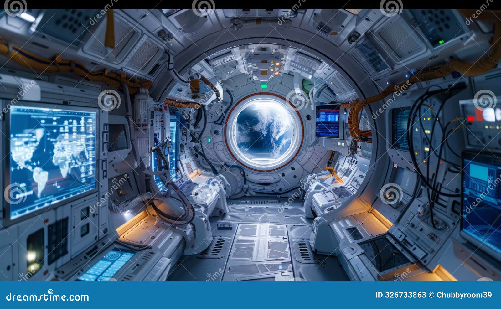 Interior View of a Futuristic Spaceship with a Large Circular Window ...
