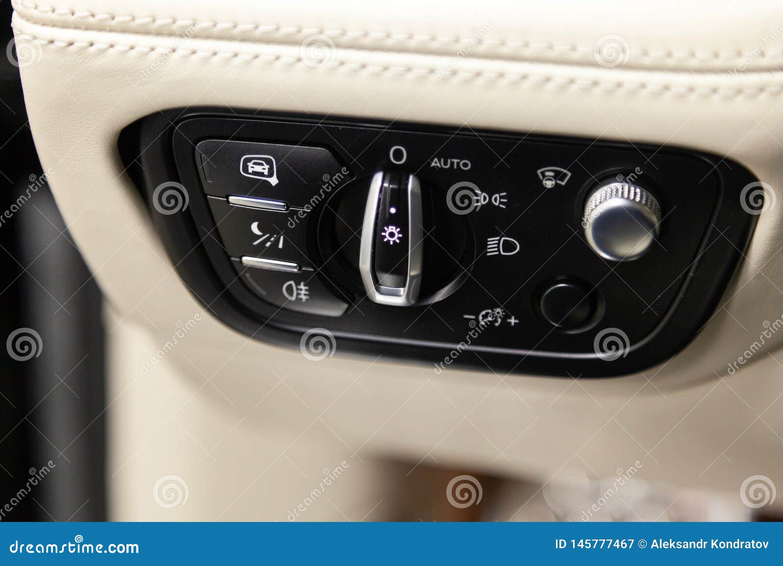 Interior View with Headlight Switch Button and White Leather Control ...